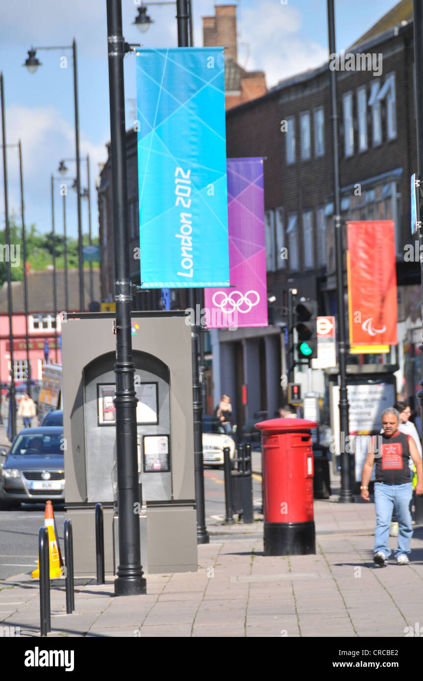 London 2012 Olympic Torch Route, Southgate Enfield. Banners and signs ...