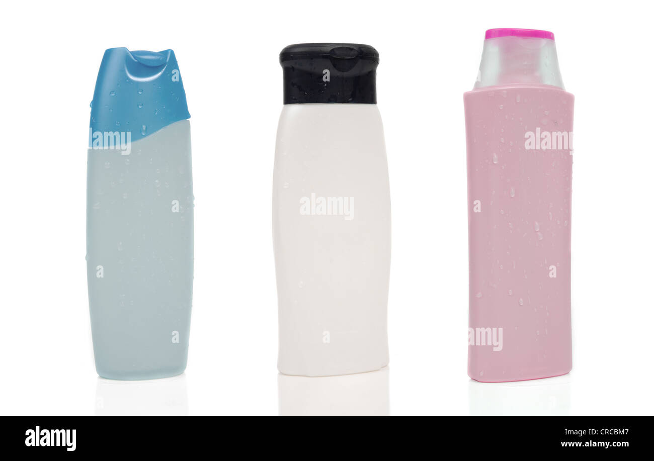 Three blank shampoo bottles on white background Stock Photo - Alamy