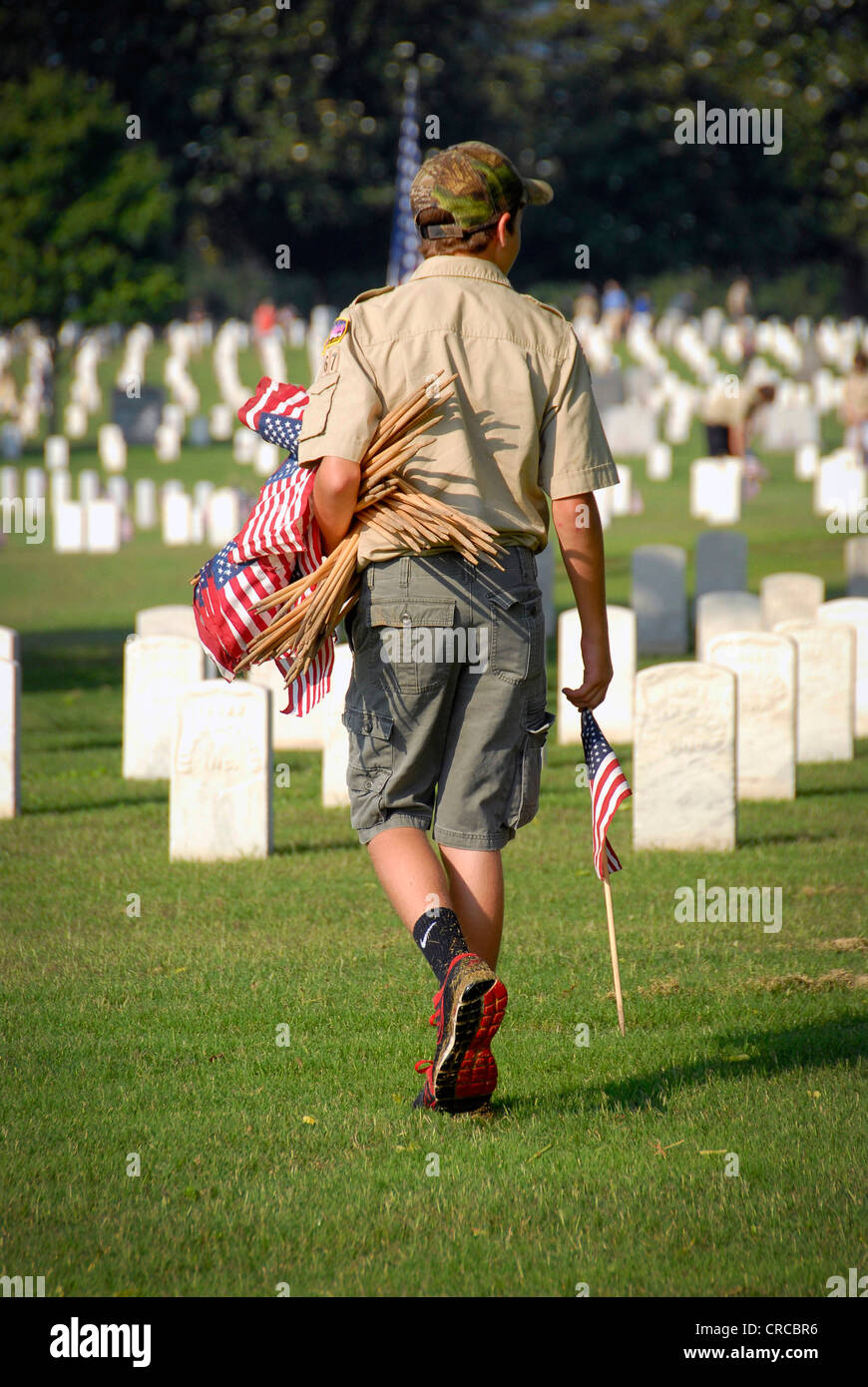 Boy Scout placing American flags at Chattanooga National Cemetery ...