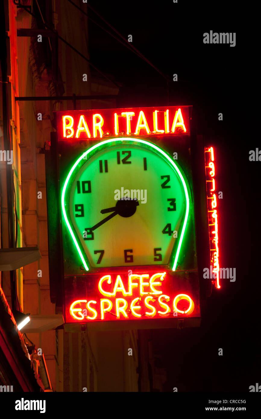 Bar Italia neon sign and clock at night Italian cafe on Frith Street ...