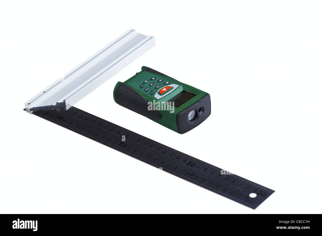 Ruler square and laser range finder isolated on a white background ...