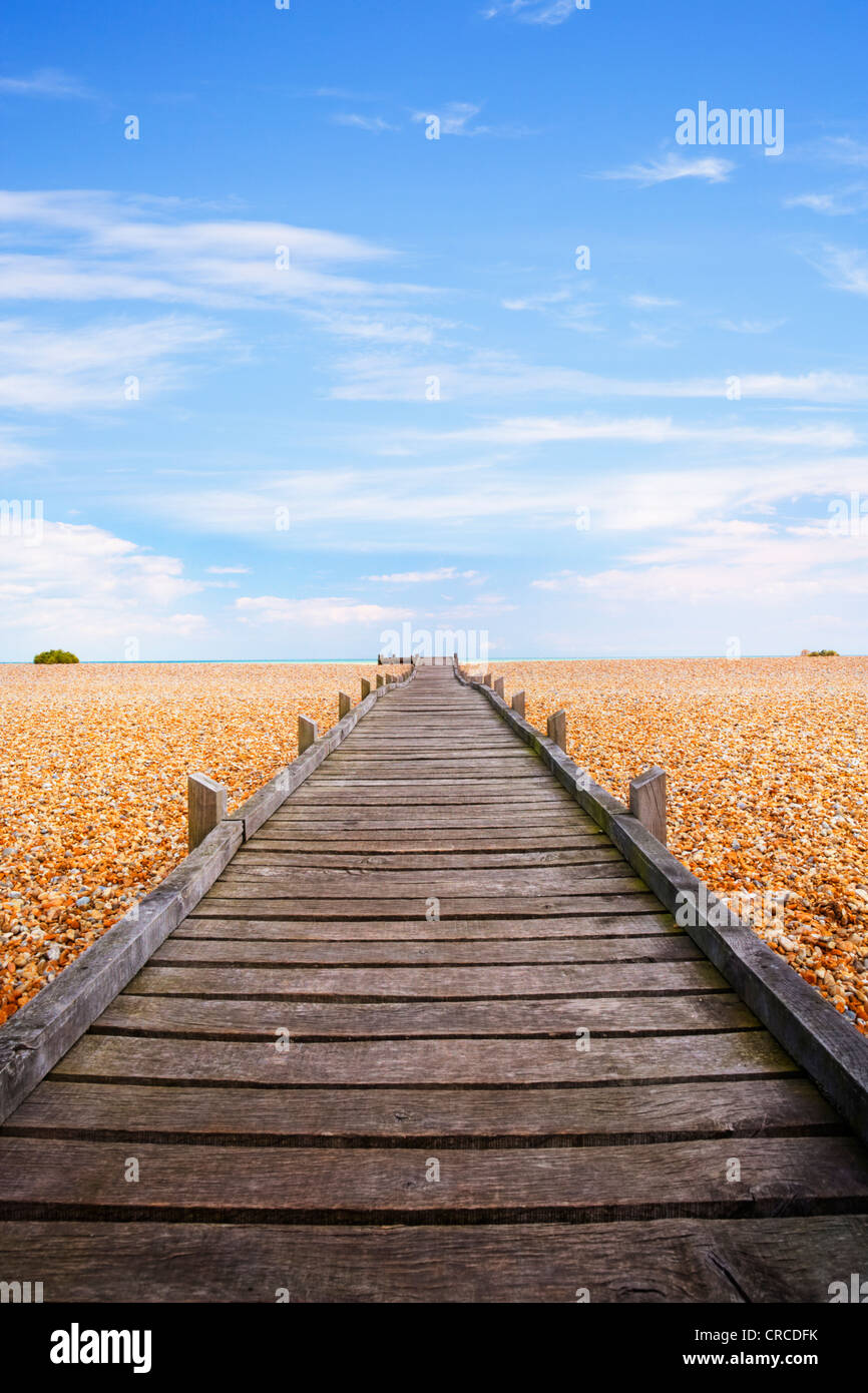 Boardwalk over the pebble stony beach at Lydd-on-Sea, Romney Marsh ...