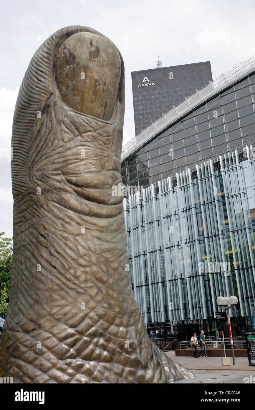 Giant finger, sculpture by Cesar, office buildings, La Defense, Paris ...
