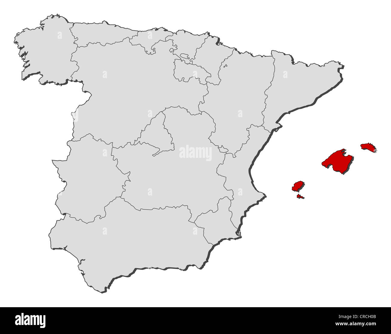 Political map of Spain with the several regions where the Balearic ...