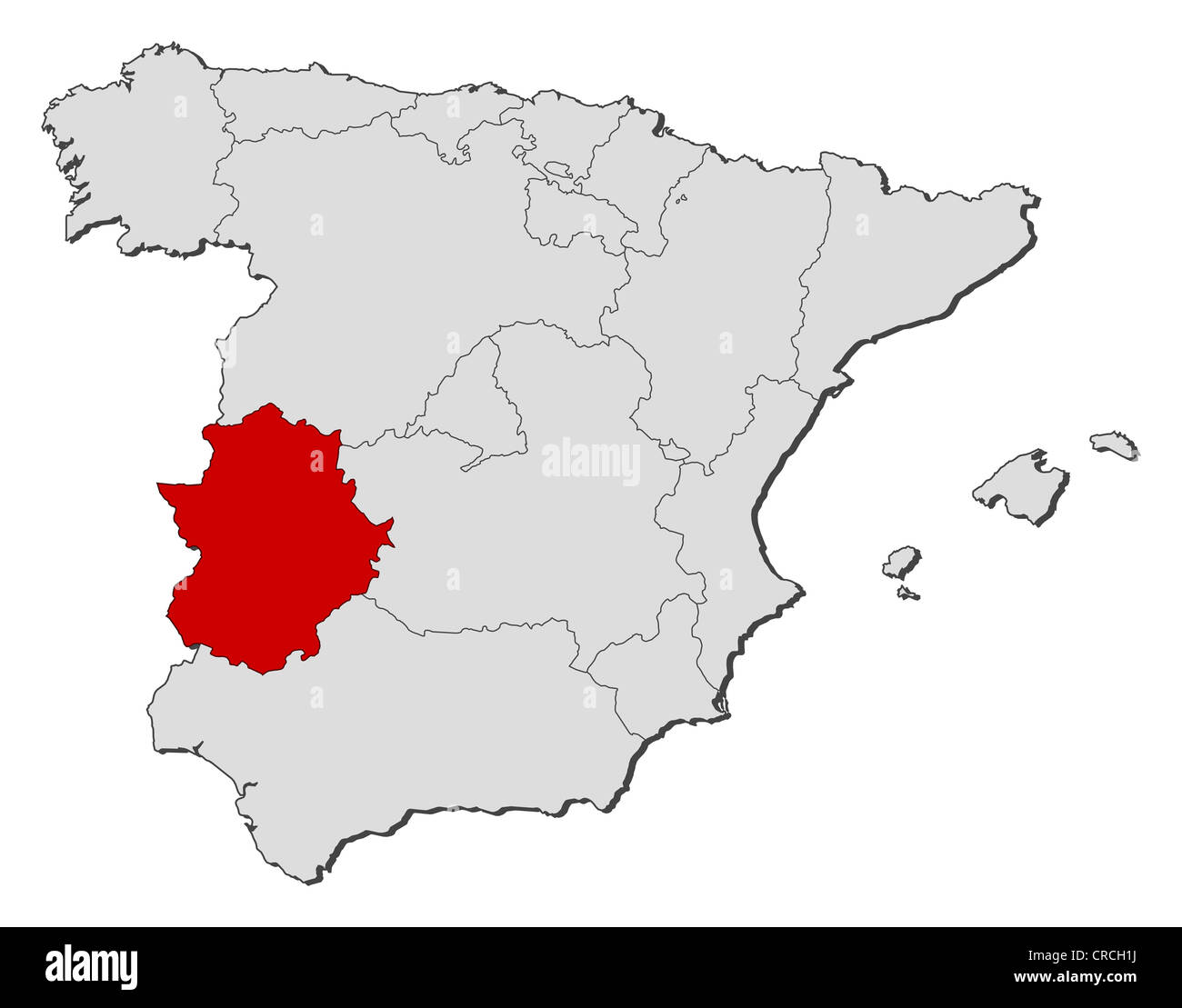Political map of Spain with the several regions where Extremadura is ...