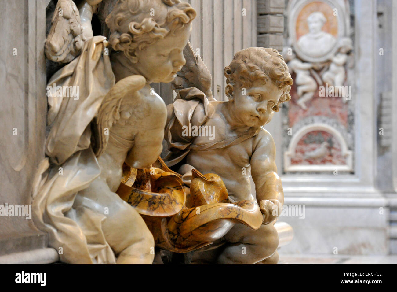 Marble putti on a stoup, St. Peter's Basilica, Vatican City, Rome ...