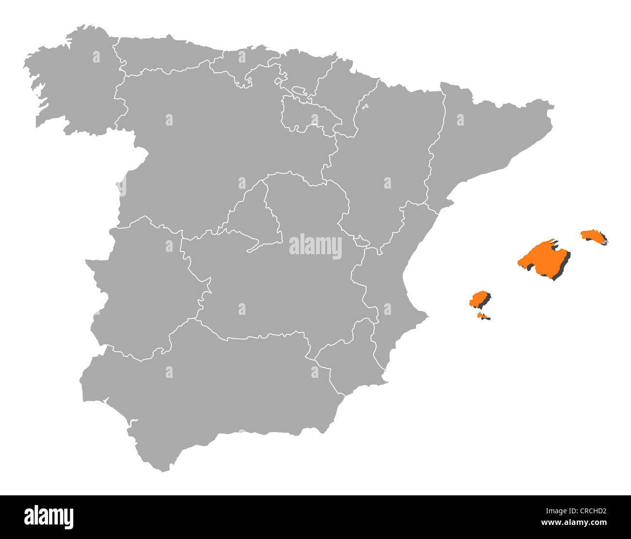 Political map of Spain with the several regions where the Balearic ...