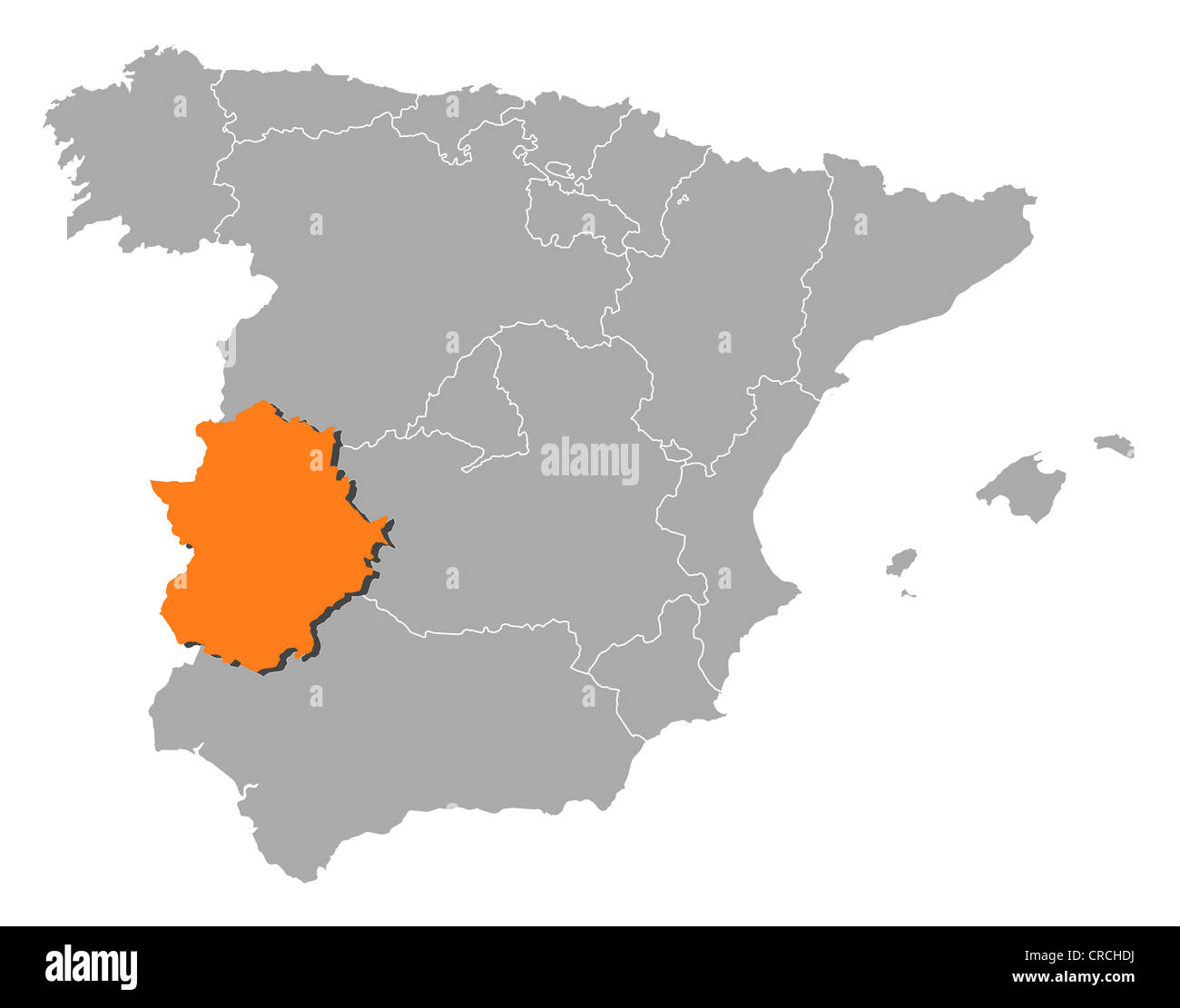 Political map of Spain with the several regions where Extremadura is ...