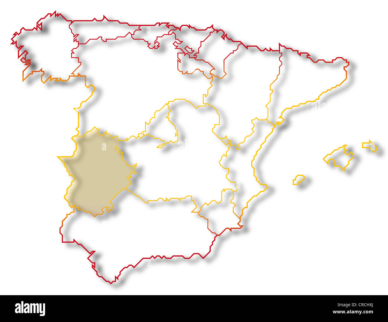 Political map of Spain with the several regions where Extremadura is ...
