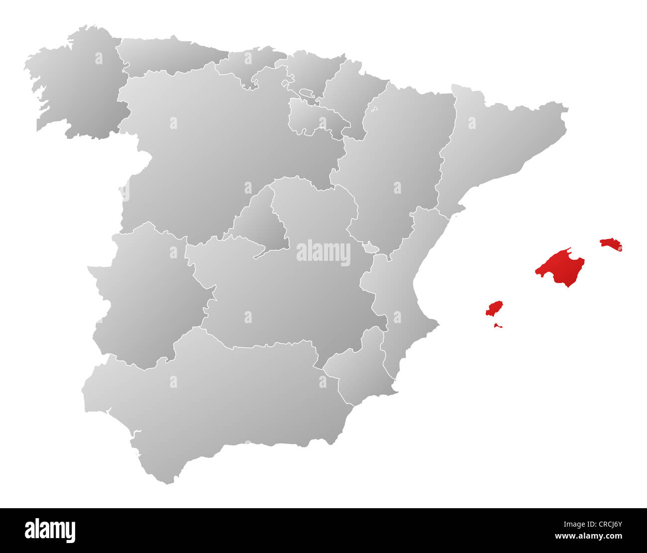 Political map of Spain with the several regions where the Balearic ...