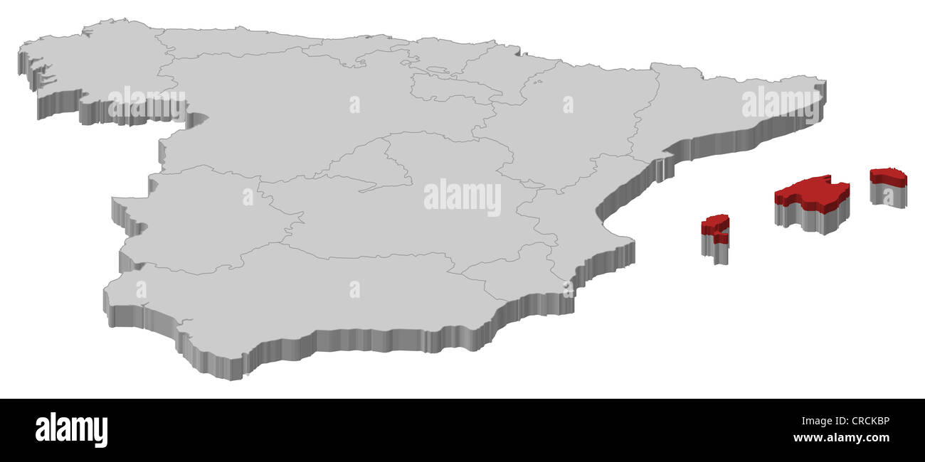 Political map of Spain with the several regions where the Balearic ...