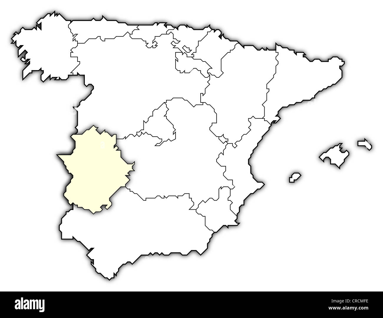 Political map of Spain with the several regions where Extremadura is ...