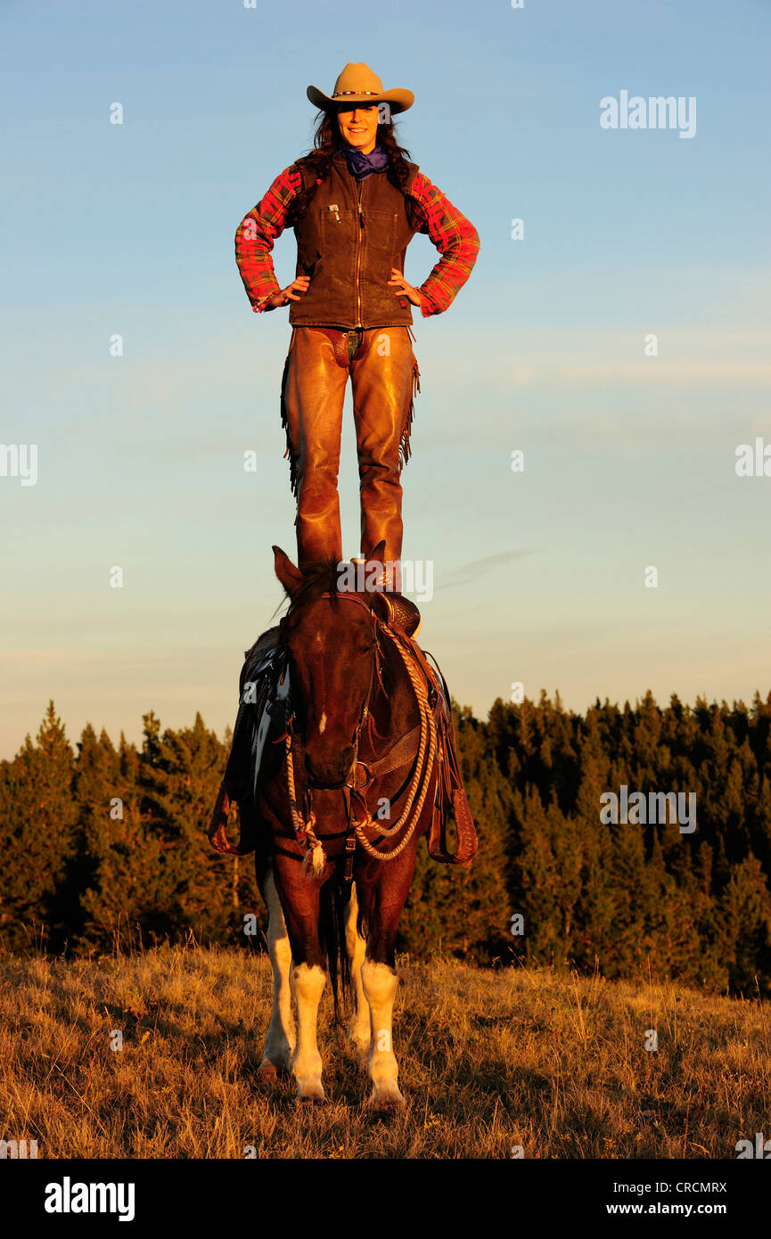 Cowgirl standing on horseback, Saskatchewan, Canada, North America ...