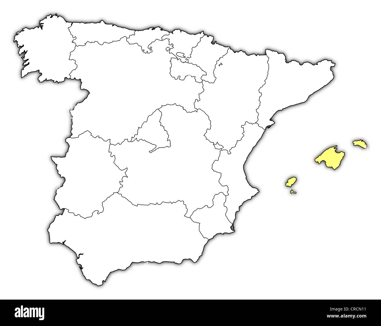 Political map of Spain with the several regions where the Balearic ...
