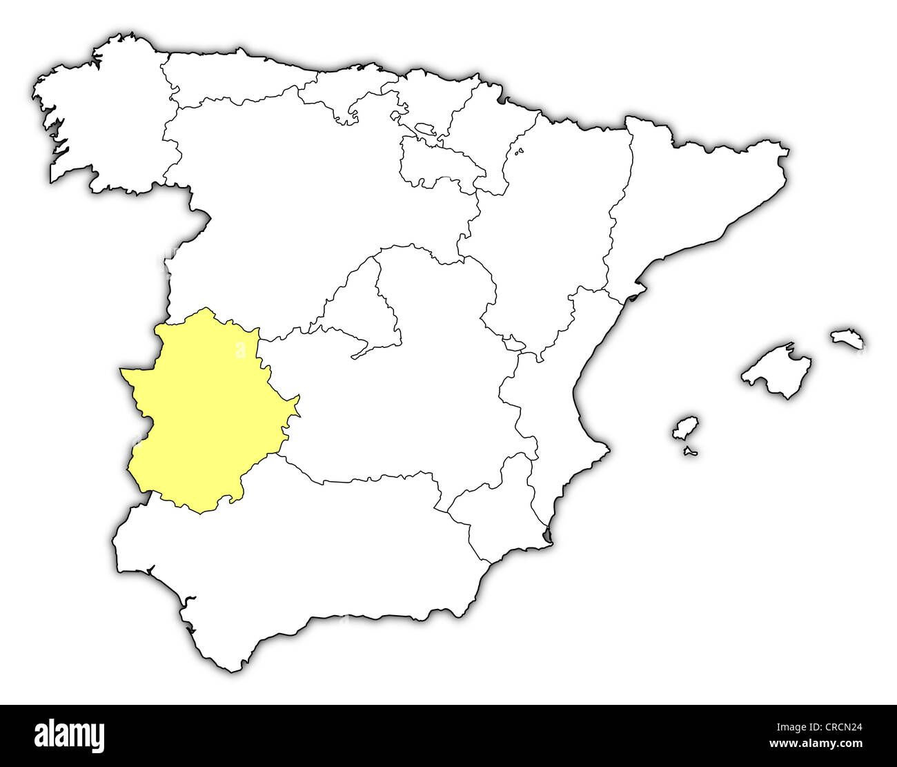 Political map of Spain with the several regions where Extremadura is ...