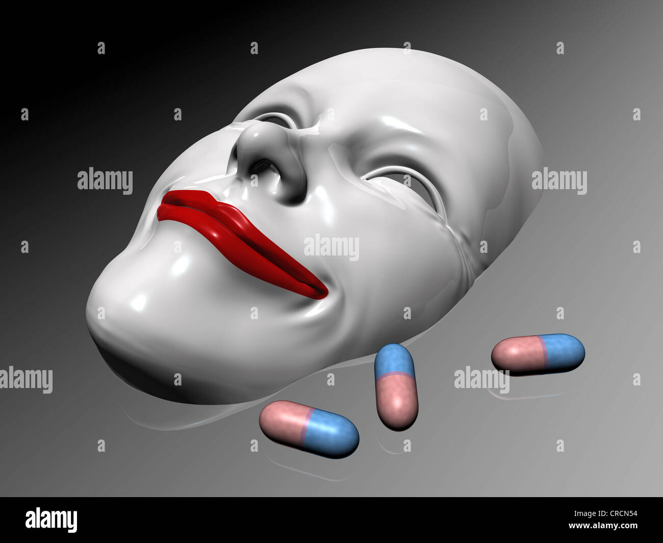 Grinning mask, capsules, illustration, symbolic image for psychotropic ...