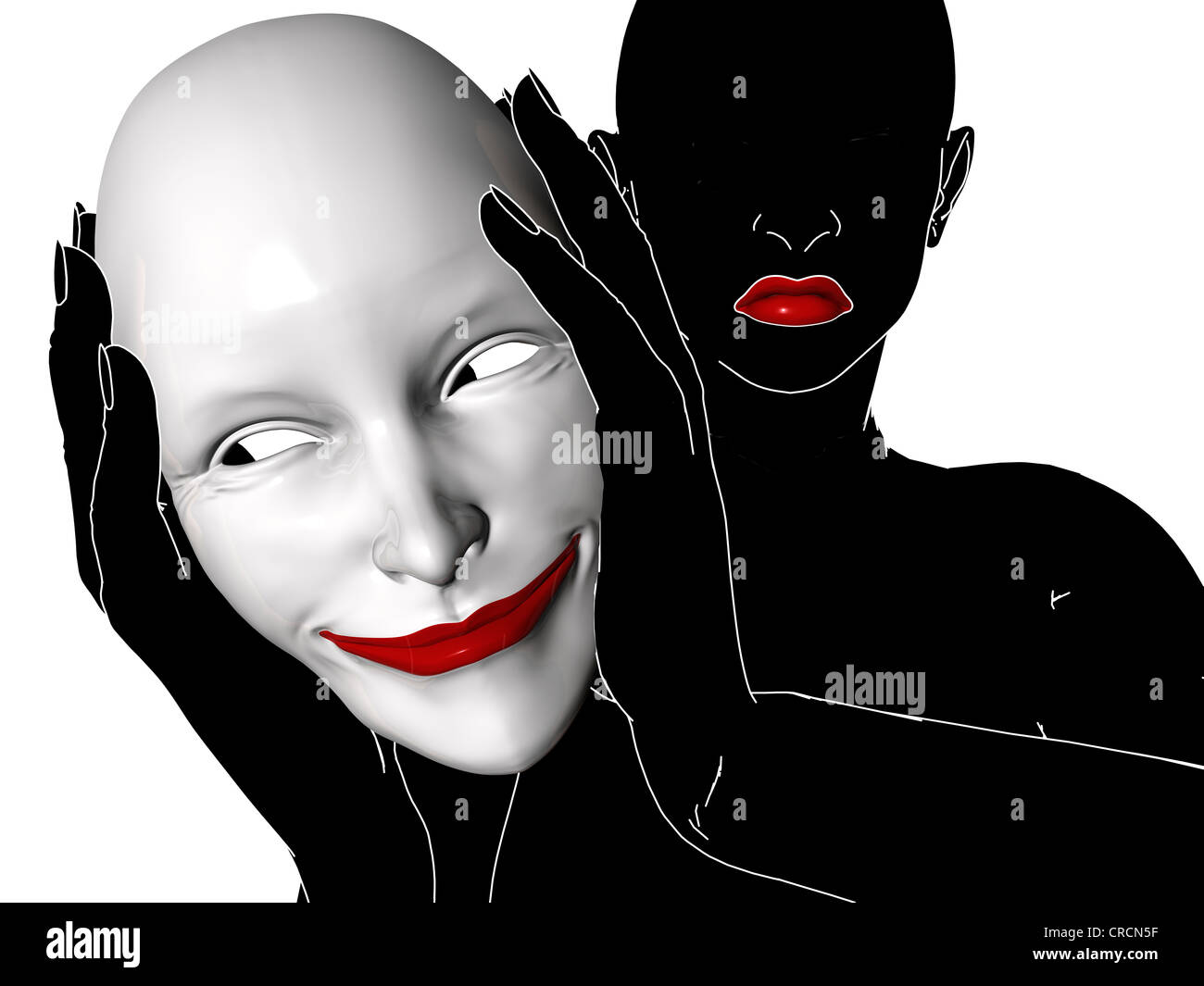 Person holding a grinning mask in front of their face, illustration ...