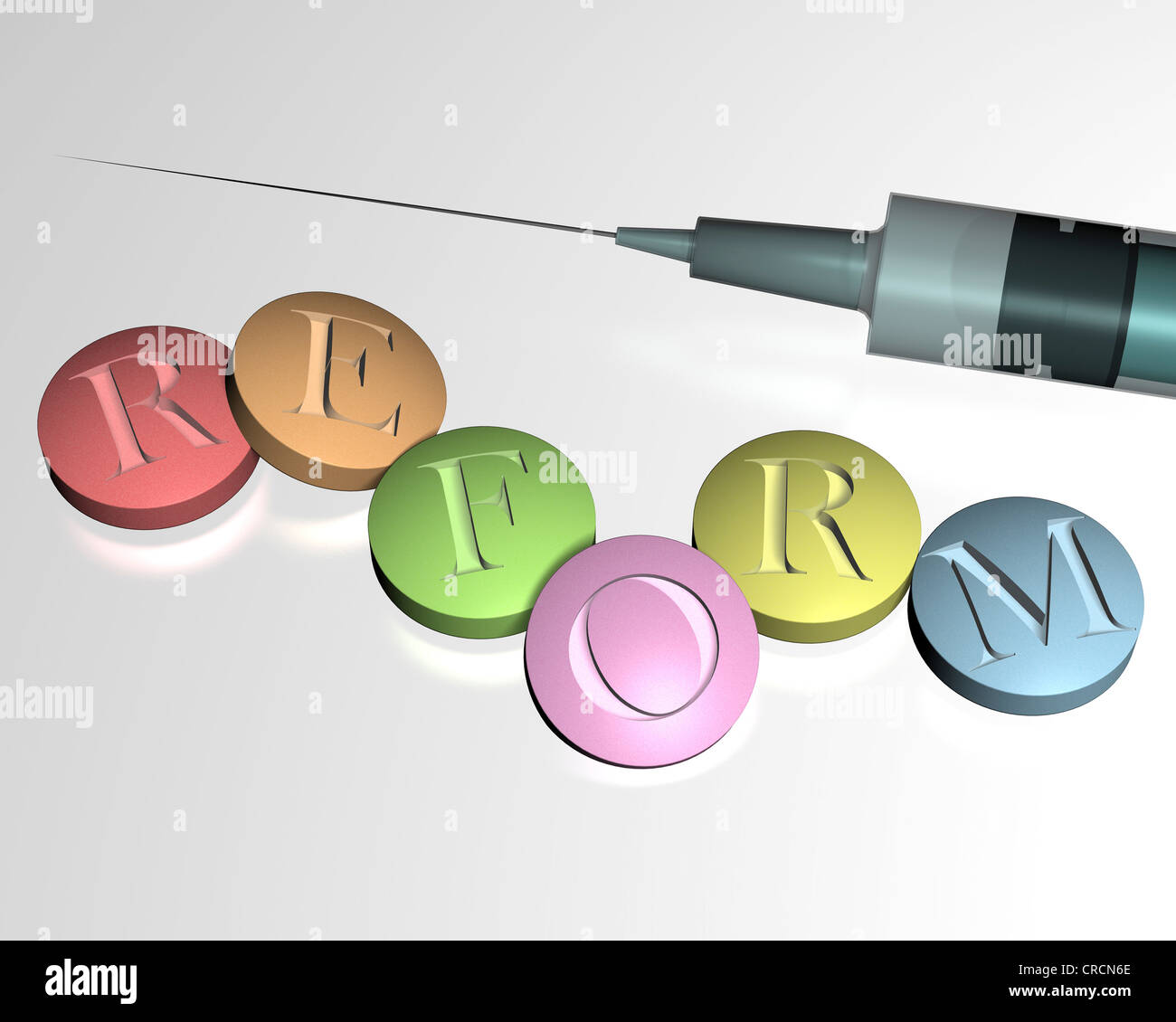 Syringe with tablets spelling the word reform, symbolic image for ...
