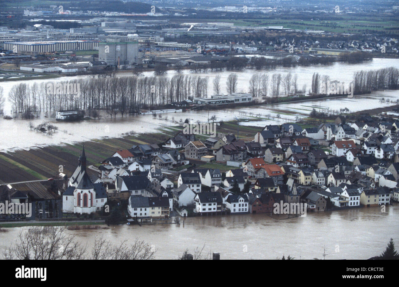 Aerial view, hundred year flood of Rhine river in 1995, Niederwerth ...