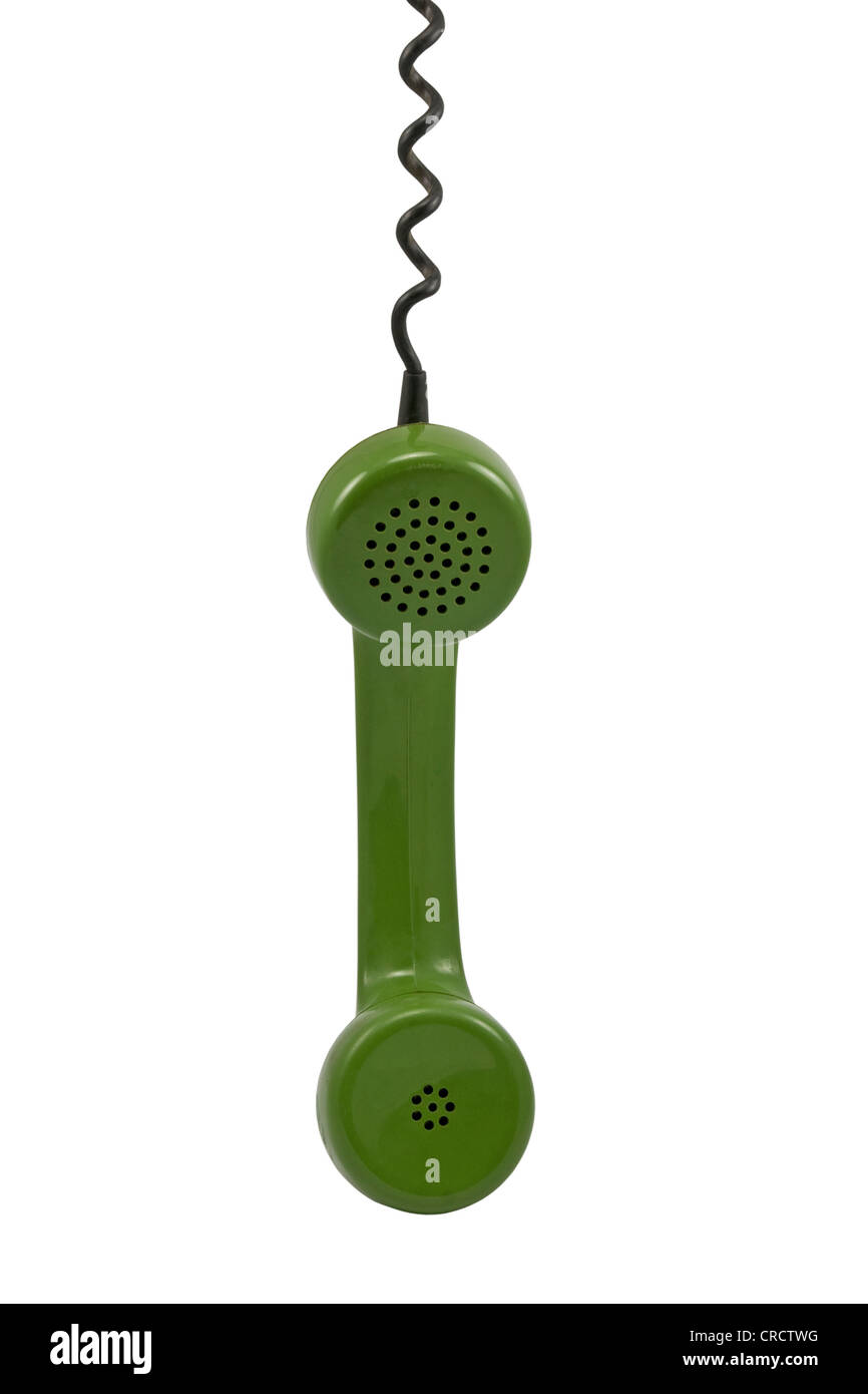 green telephone receiver with cord on white background Stock Photo - Alamy