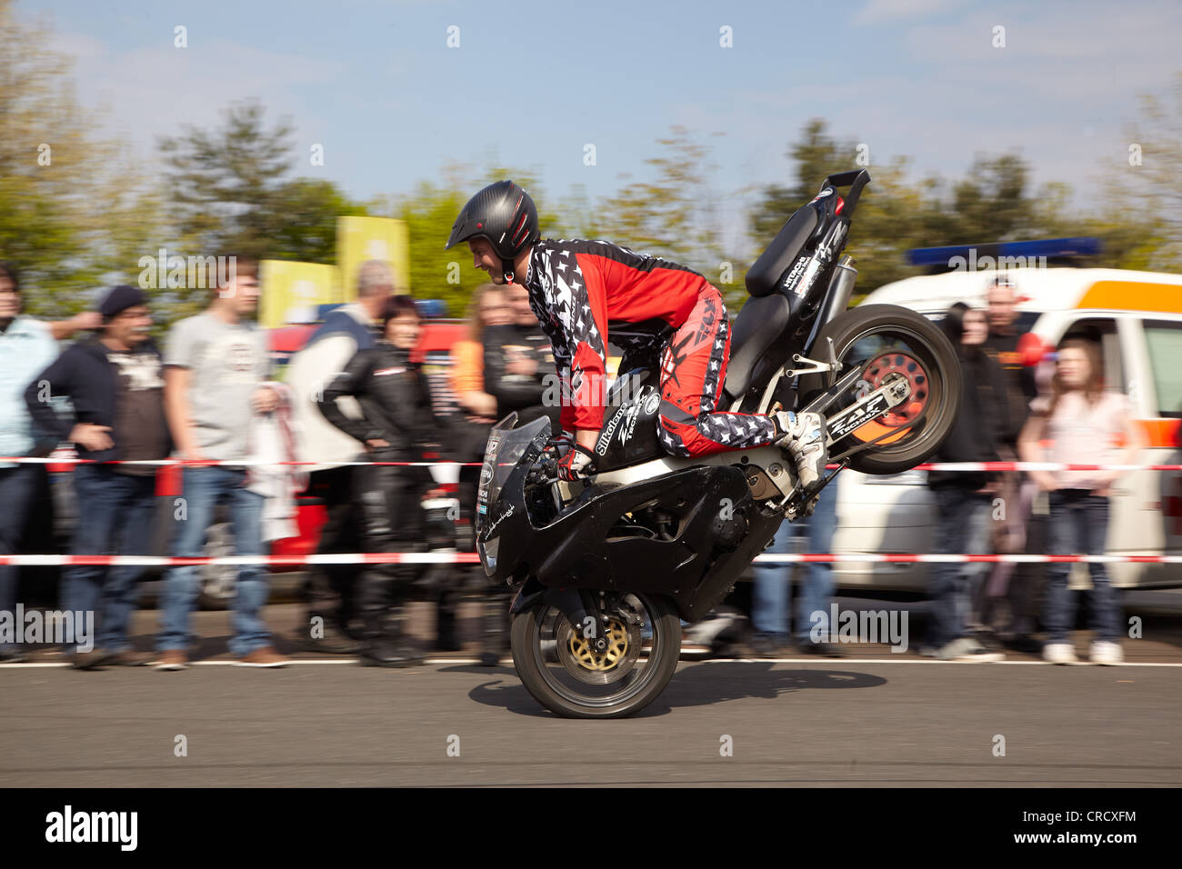 Motorcycle stuntman Mike Auffenberg showing a stoppy, Koblenz ...