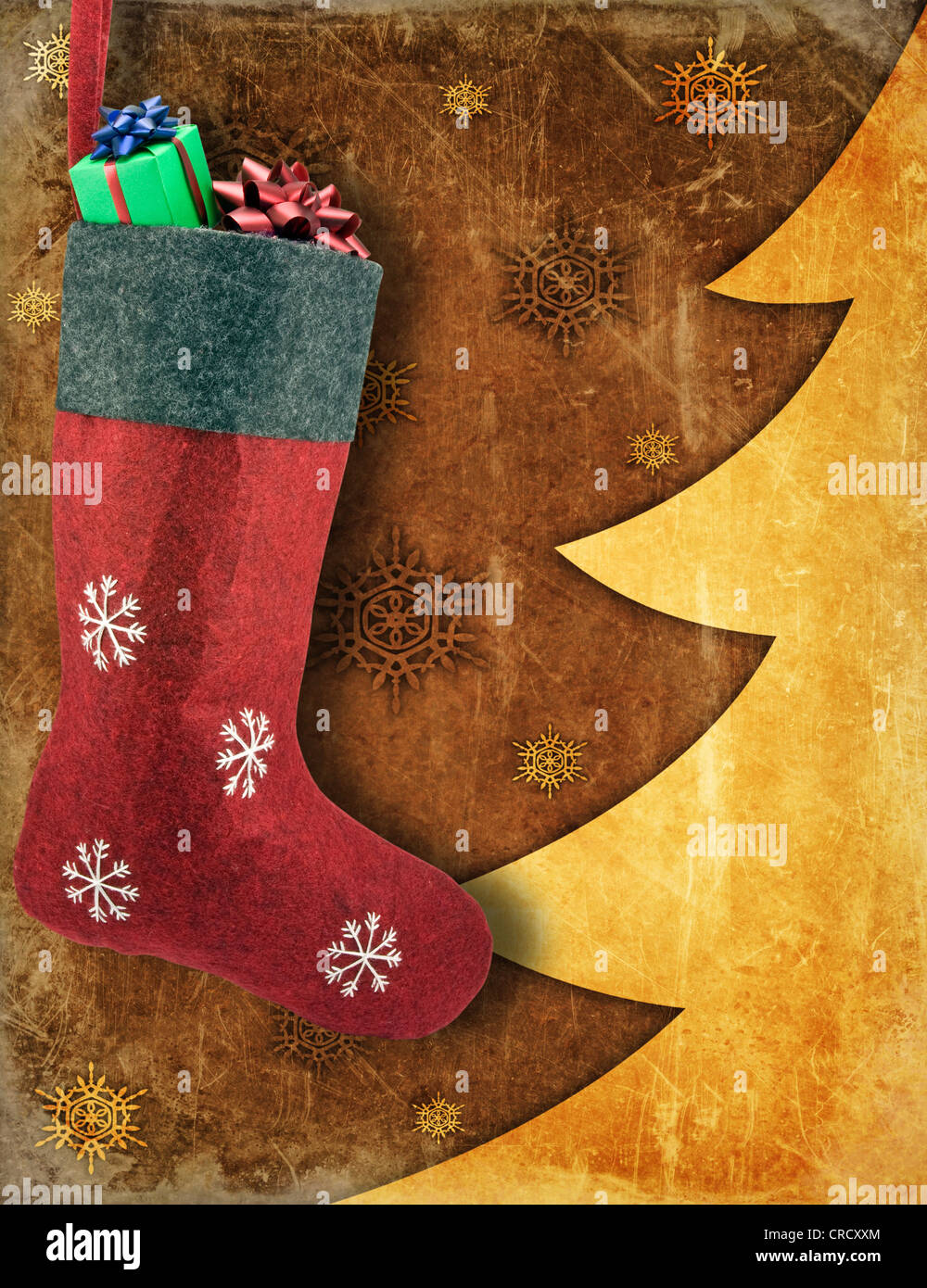 Christmas stocking with gifts on winter background Stock Photo - Alamy