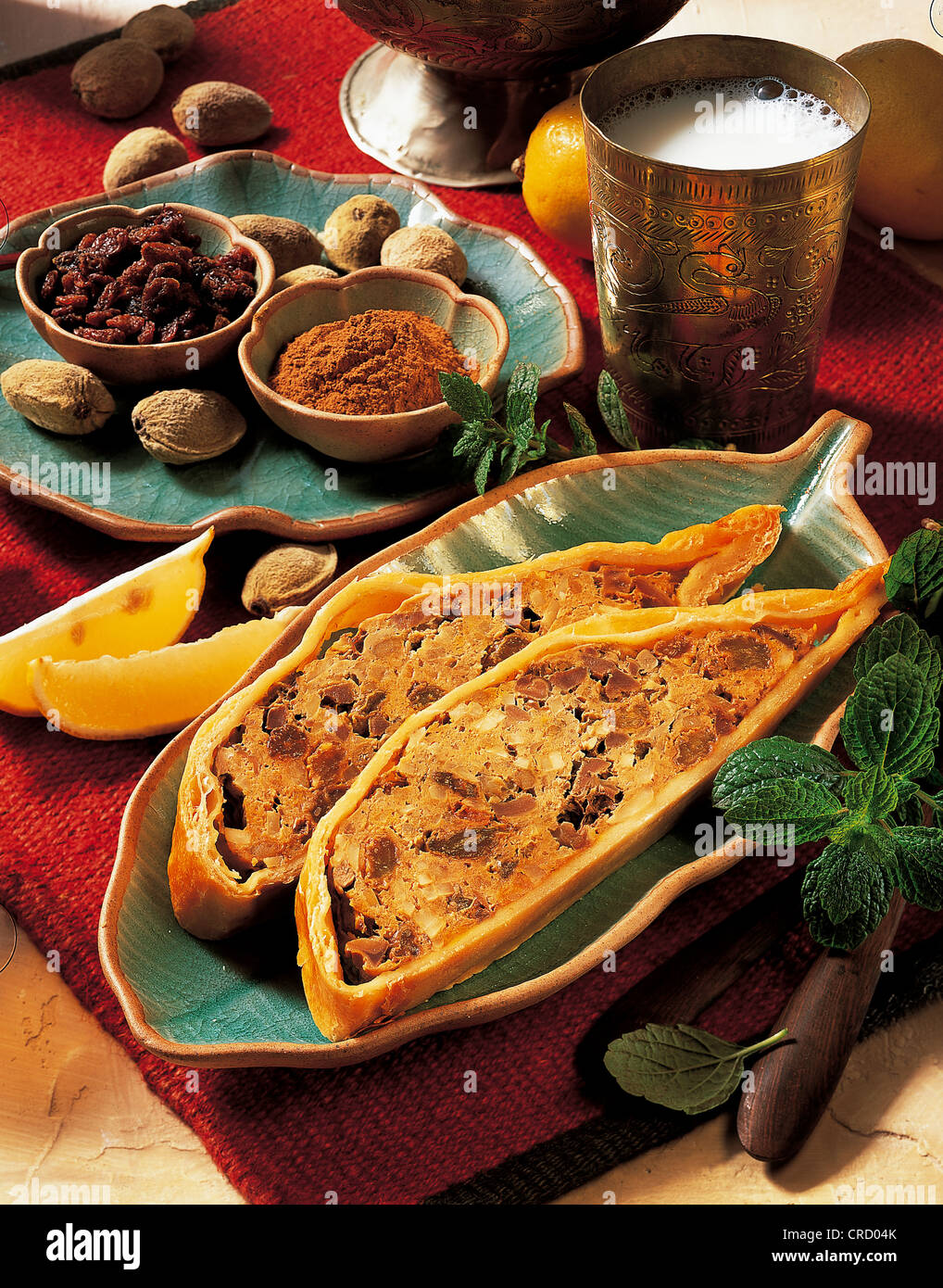 Moroccan chicken pie, spices, almonds, meat and raisins, Morocco Stock ...