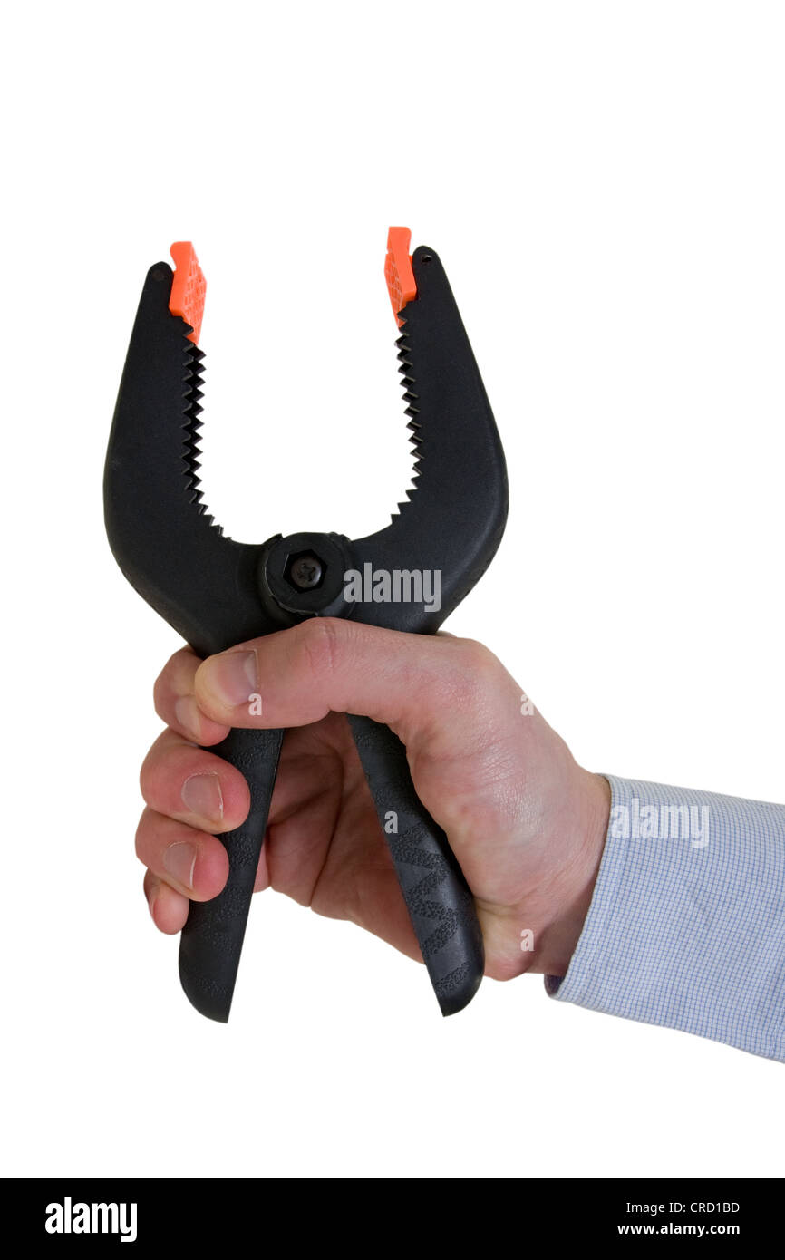hand with plastic clamp isolated on white background Stock Photo - Alamy