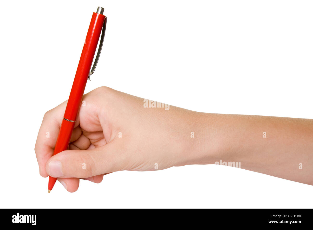 hand with red pen. isolated on white background Stock Photo - Alamy