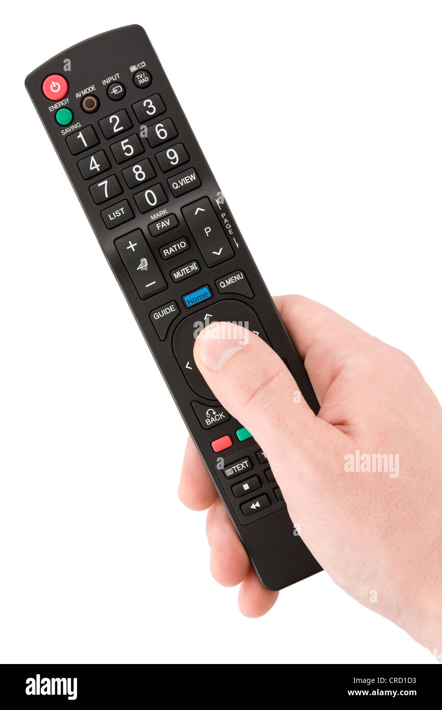 hand with TV remote control. isolated on white background Stock Photo ...