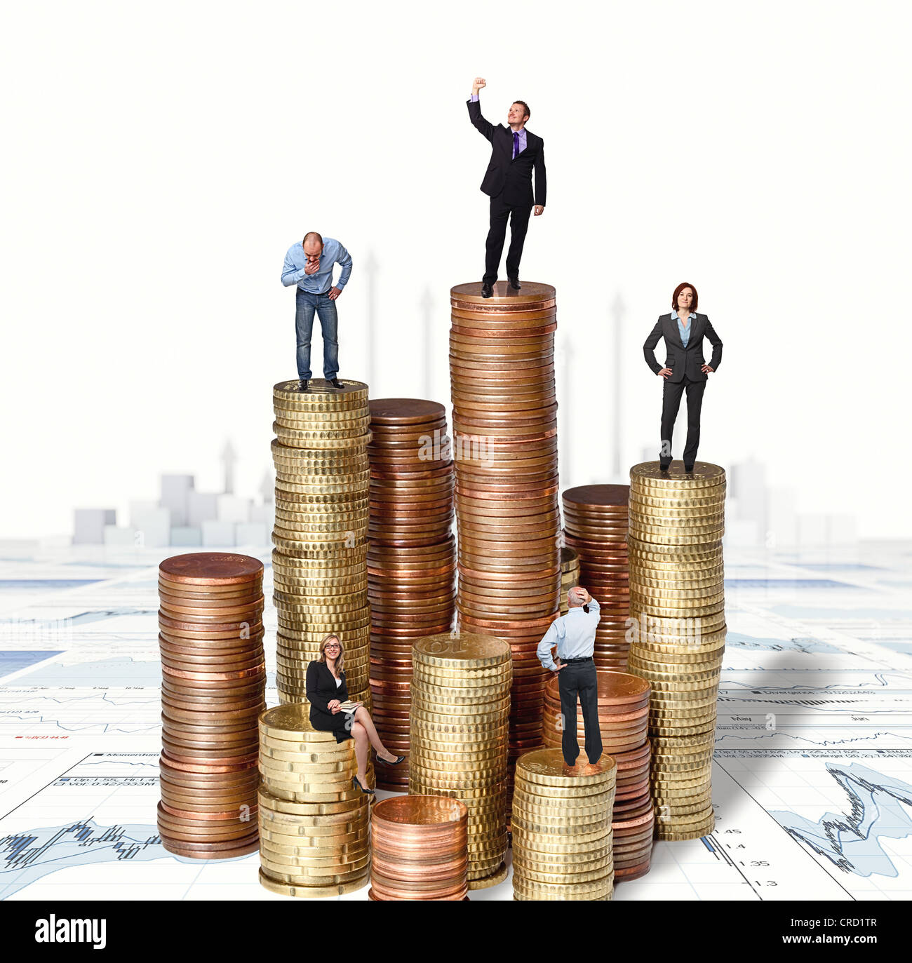 people on euro coin pile and 3d background Stock Photo - Alamy