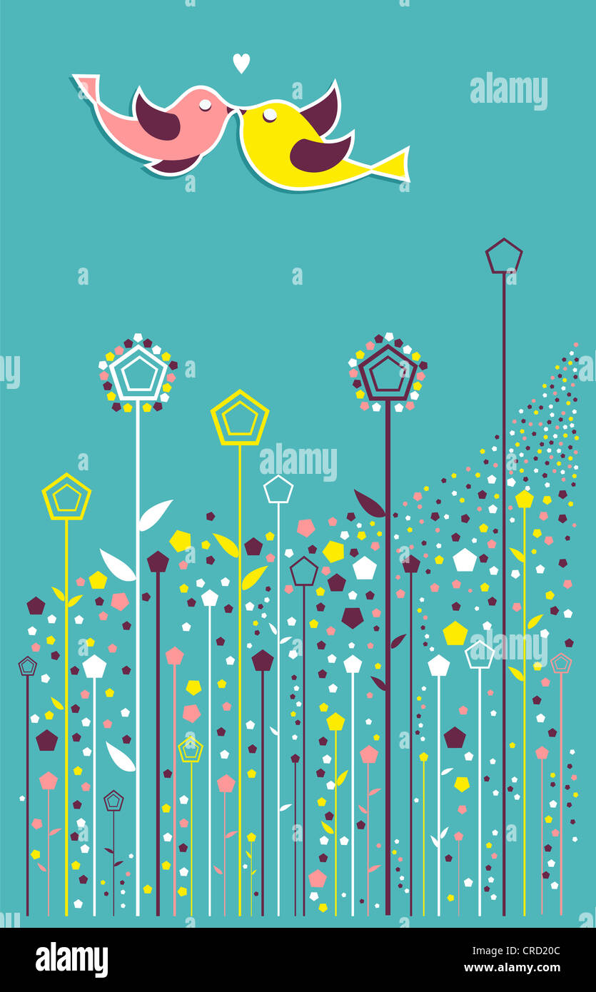 Spring love concept: bird couple fall in love and abstract flowers ...