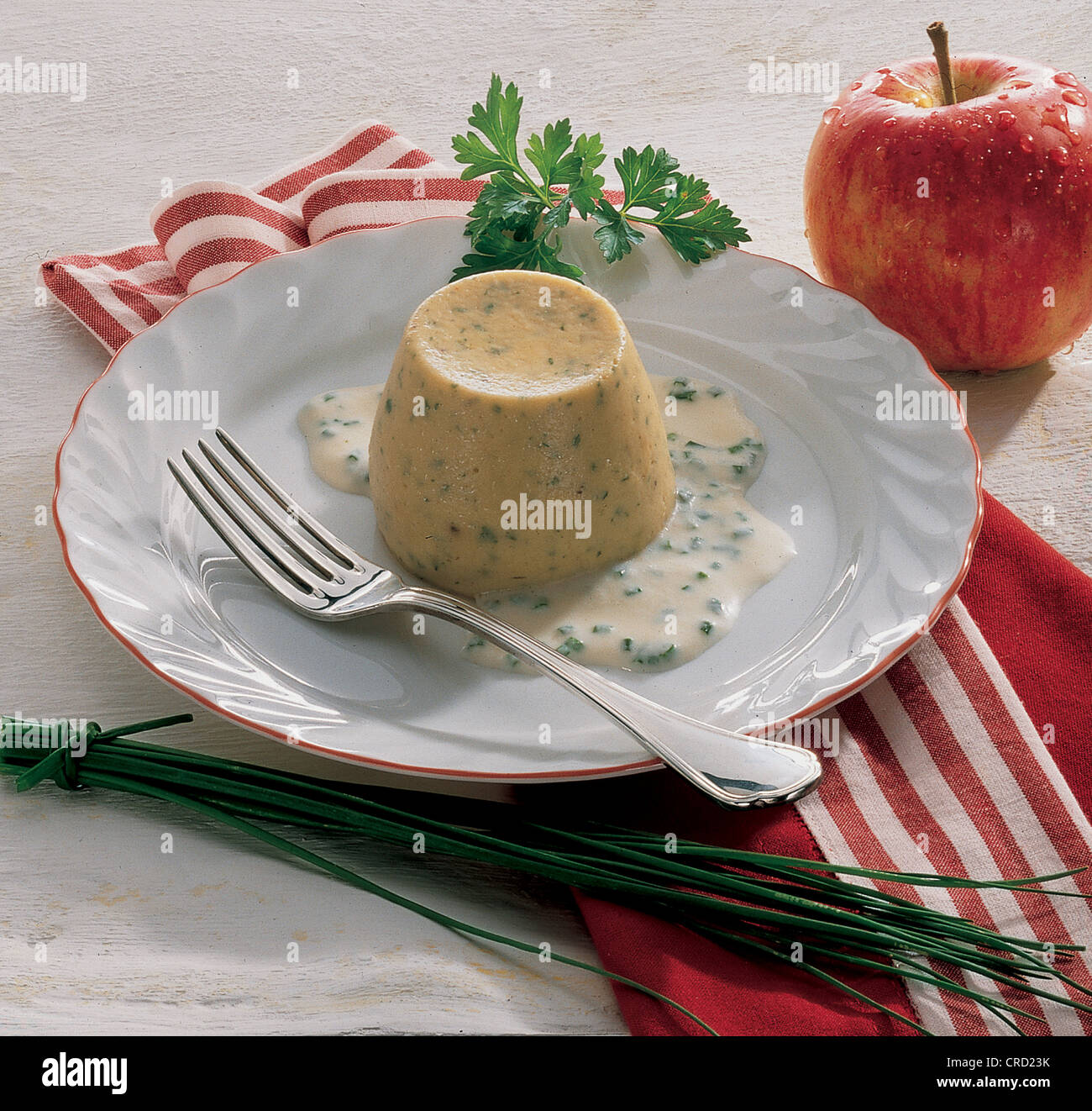 Colourful vegetable flan with apple cream and chives, hot starter ...