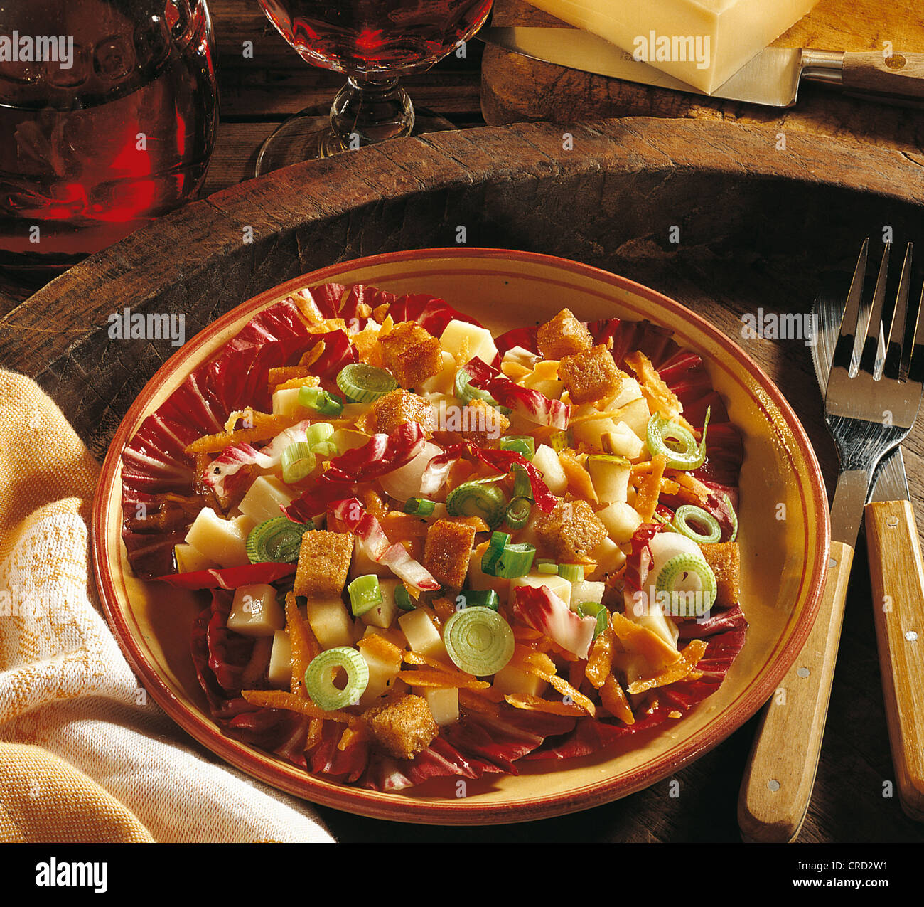 Appenzeller cheese salad with croutons, Swiss cheese, pear, bread cubes ...