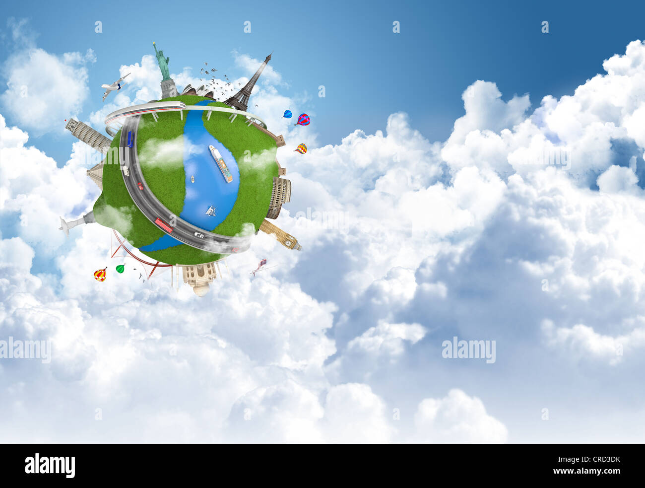 world travel globe concept with landmarks flying above the clouds Stock ...