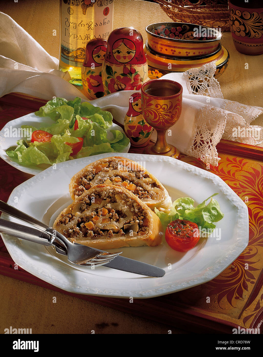 Siberian meat loaf roll with a juicy filling of minced beef, mushrooms ...