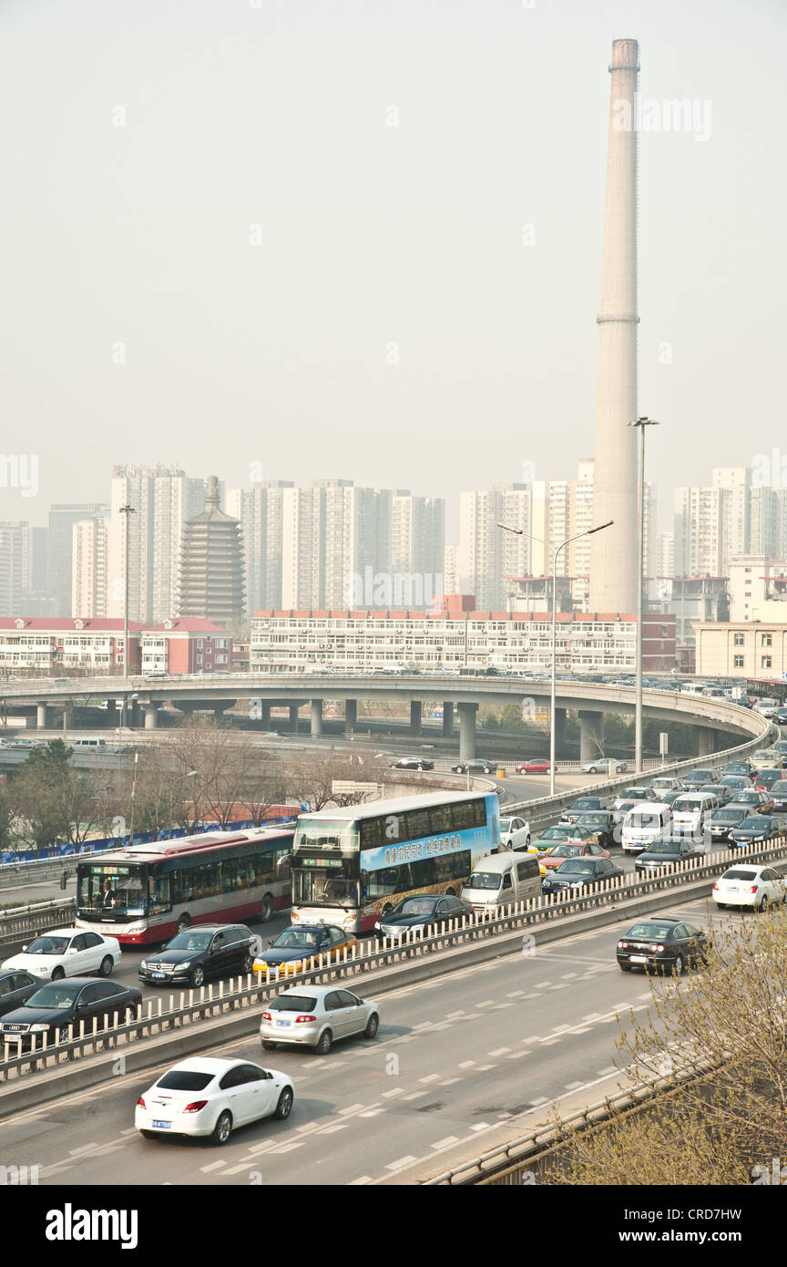 Morning rush hour traffic congestion and dirt air in Beijing Stock ...