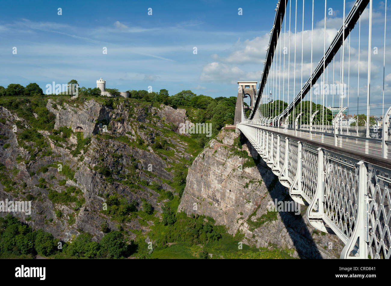 Clifton suspension bridge with observatory in distance Stock Photo - Alamy