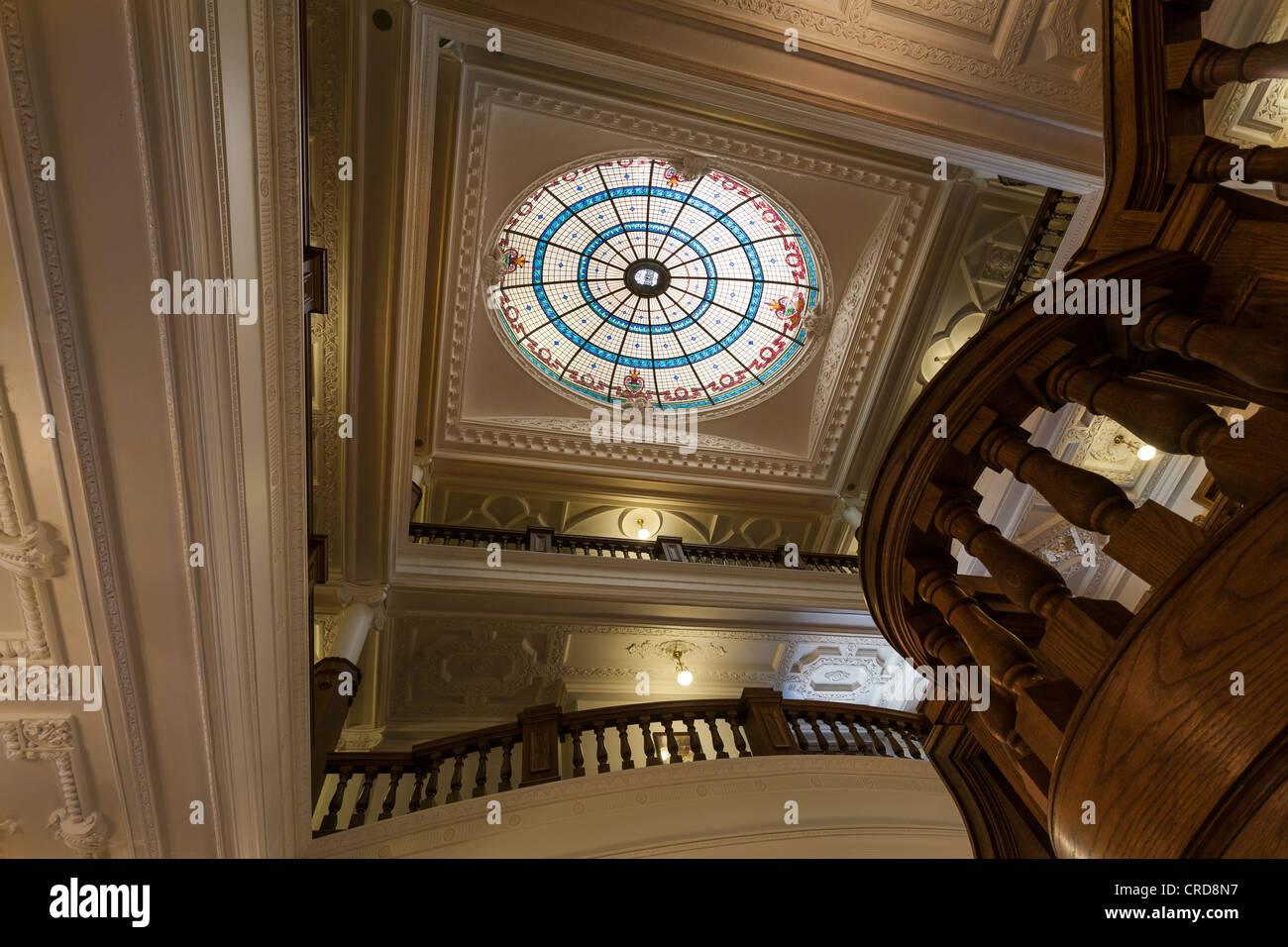 Stained Glass Dome Skylight with wooden staircase at Boldt Castle Stock ...