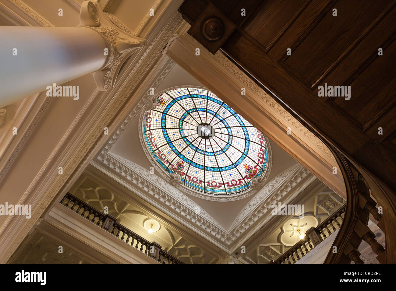 Stained Glass Dome Skylight with wooden staircase and column at Boldt ...