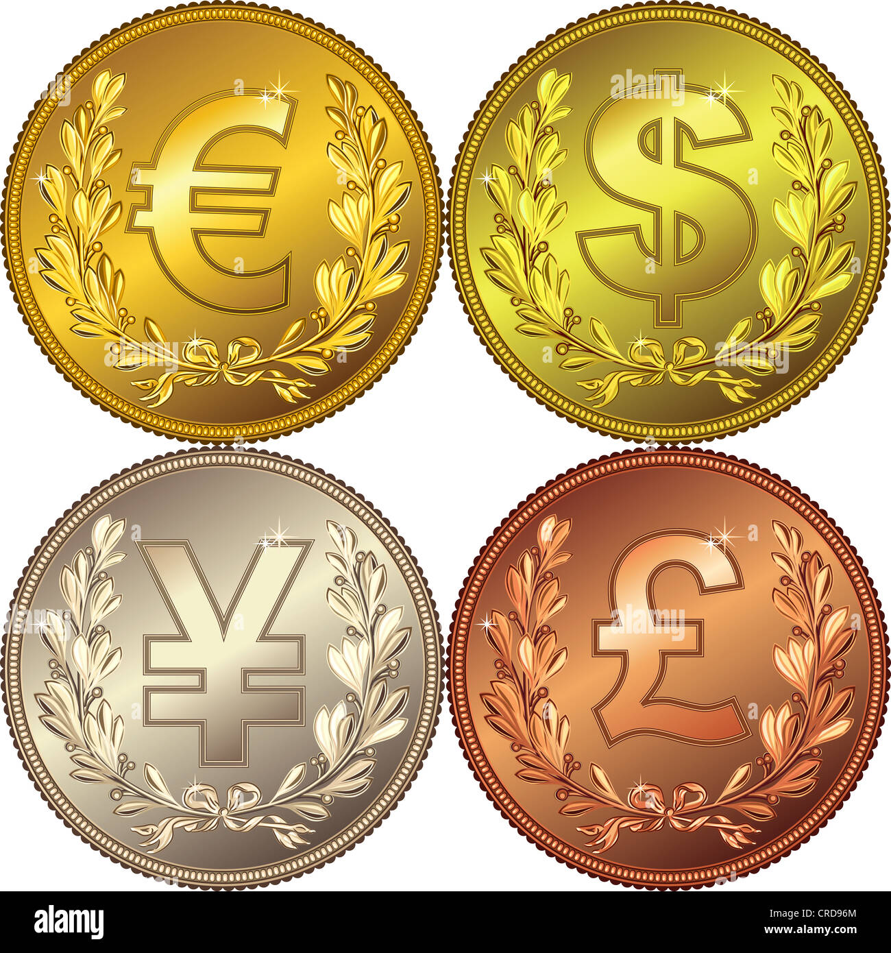 gold Money coin with a laurel wreath and signs the major currencies ...
