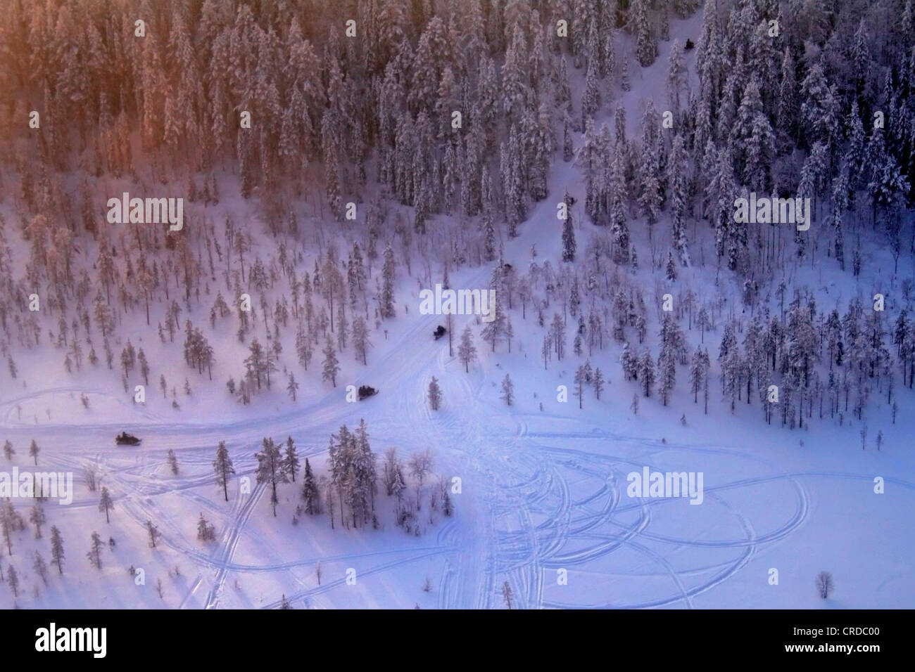 Snowmobile safari photographed from air, Finland, Lapland, Kittilae ...