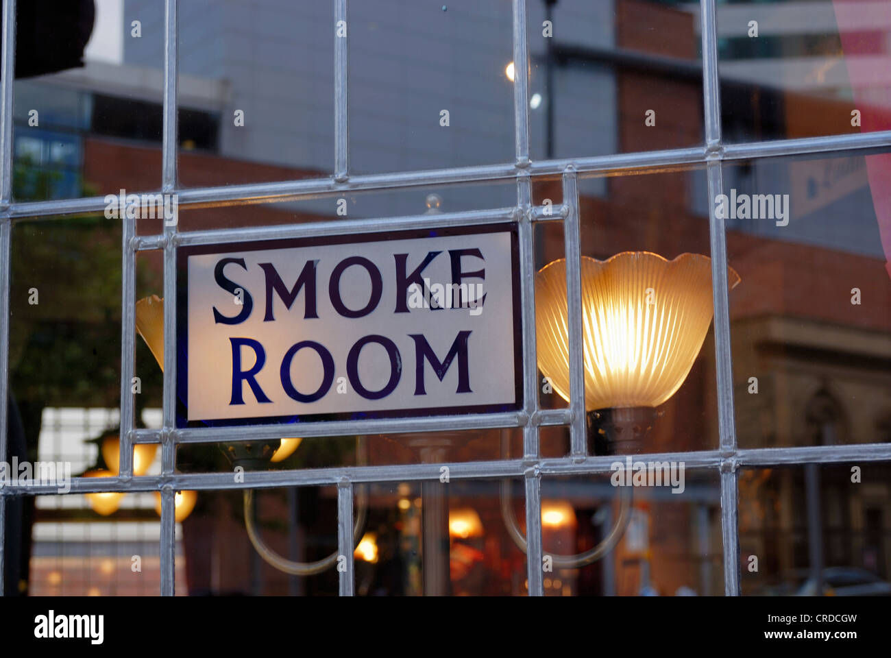 Smoke Room window in Public house in Manchester Stock Photo - Alamy