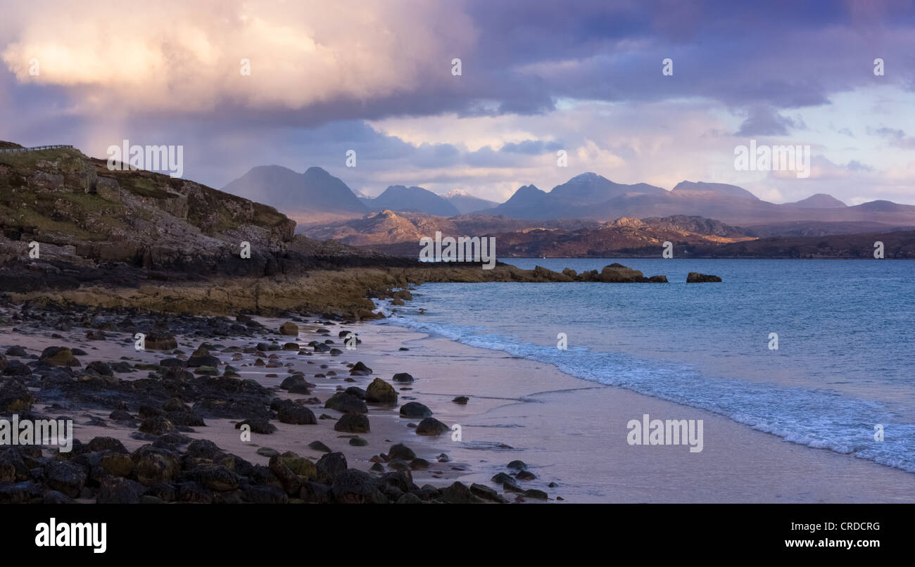 Looking down Sands Beach near Gairloch towards the Torridon mountains ...
