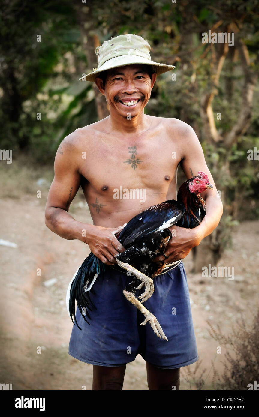 Laughing man holding a chicken, Cambodia, Southeast Asia, Asia Stock ...