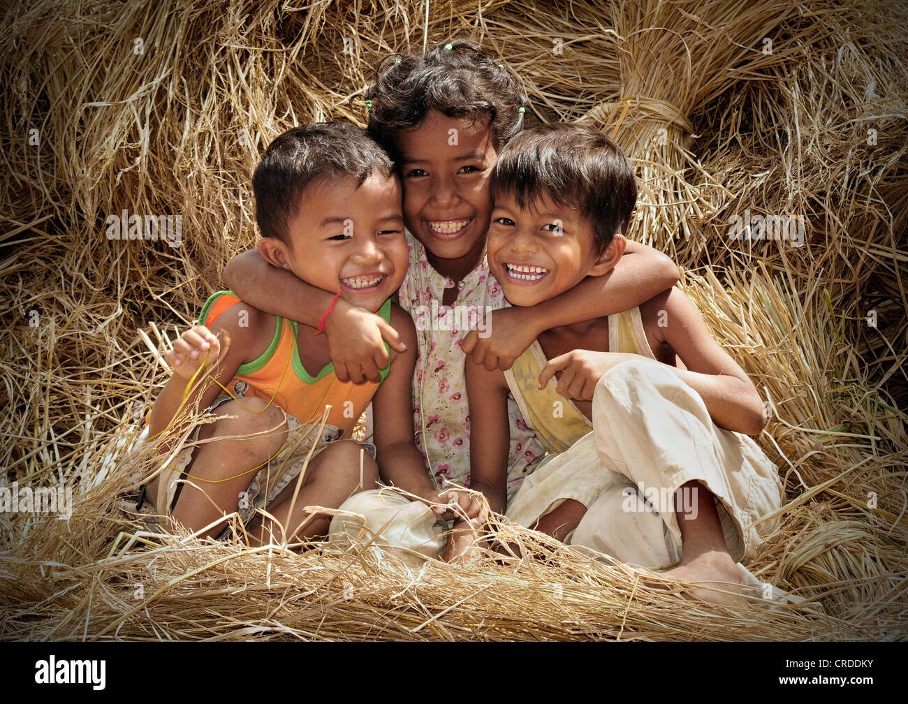 Three laughing children sitting on rice straw, Cambodia, Southeast Asia ...