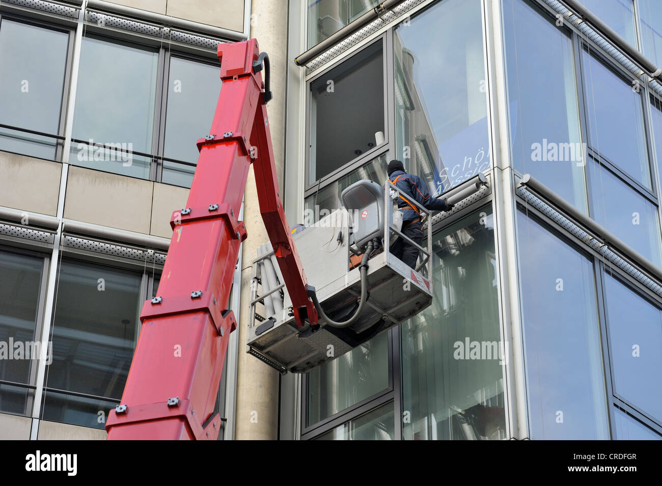 Window cleaning with a crane boom, Prager Strasse, Dresden, Saxony ...