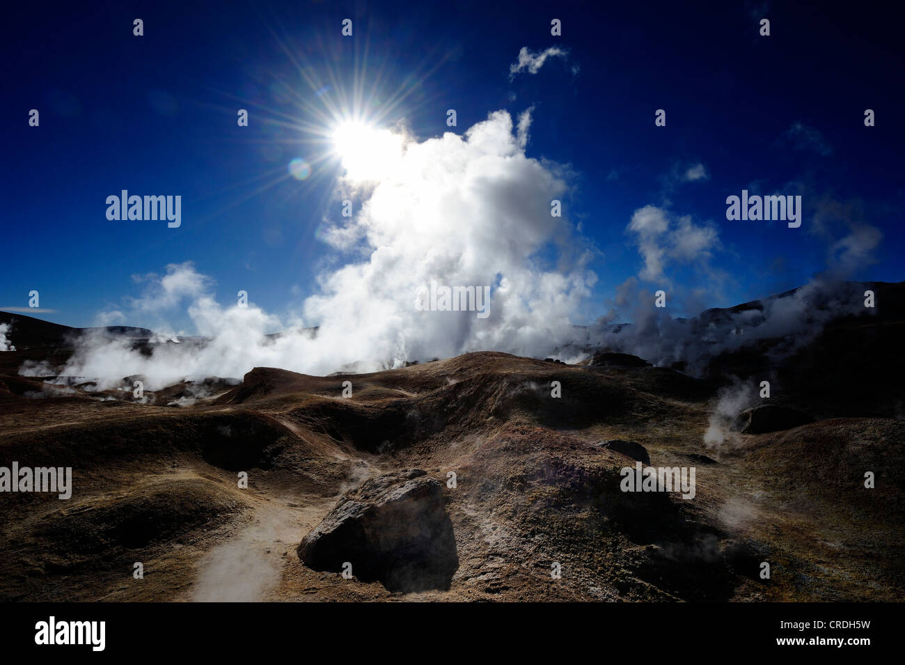 Geysers with water vapour against a deep blue sky and the star-shaped ...