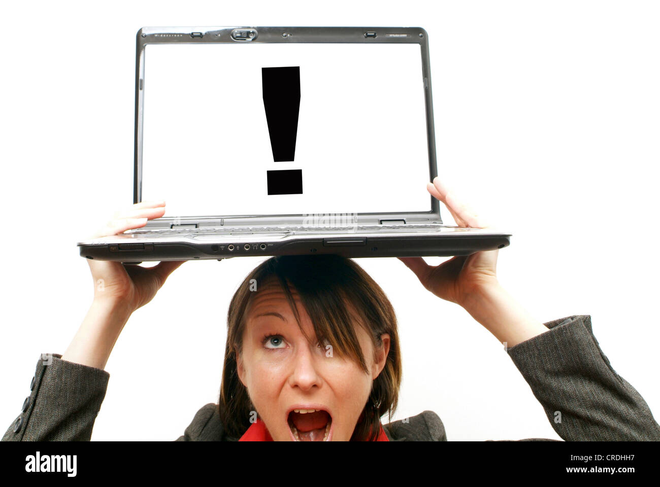 businesswoman with laptop on head, symbolic for Attention Stock Photo ...