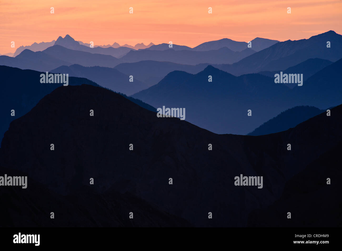 Mountain panorama at the blue hour, Reutte, Ausserfern, Tyrol, Austria ...